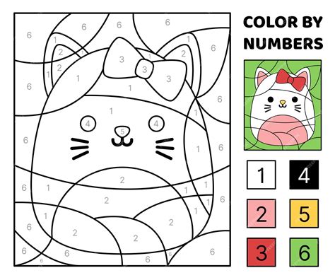 흰색 고양이 숫자별 색상 Squishmallow 색칠 페이지 아이들을 위한 게임 Kawaii 만화 벡터 프리미엄 벡터