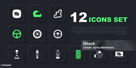 레이싱 헬멧 자동차용 알로이 휠 자동차 타이어 스티어링 충격 흡수 장치 및 아산화질소 아이콘을 설정합니다 벡터 개념에 대한 스톡