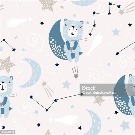 구름 달 별에 귀여운 곰과 함께 완벽 한 유치 한 패턴입니다 직물 포장 직물 벽지 의류에 대 한 창조적 인 스칸디나비아 스타일의
