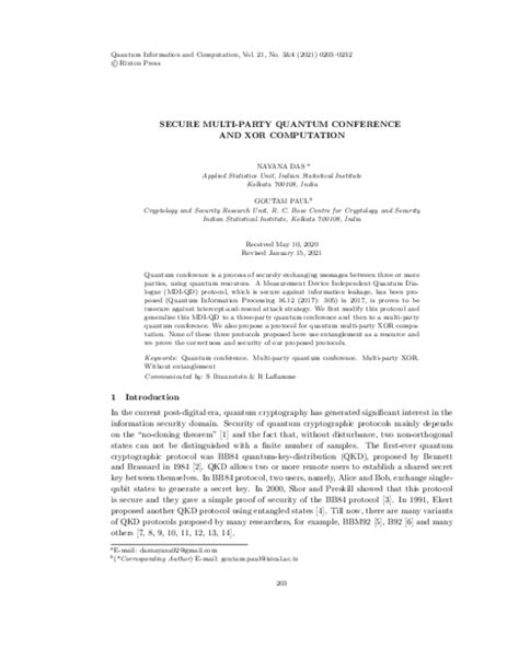 Pdf Secure Multi Party Quantum Conference And Xor Computation