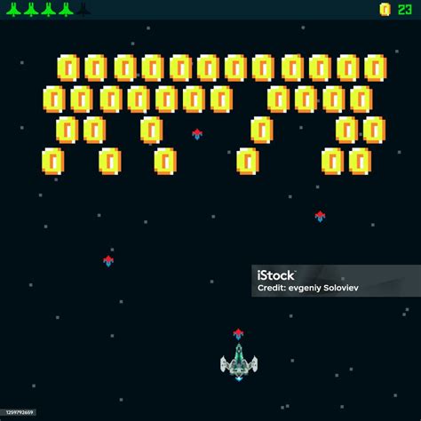 동전 픽셀 공간 게임 픽셀 아트 아케이드 게임 템플릿 트렌디 한 90 년대에서 영감을 복고풍 8 비트 게임 공간 장소 별빛 아래에서 전투 오래된 컴퓨터 게임 벡터