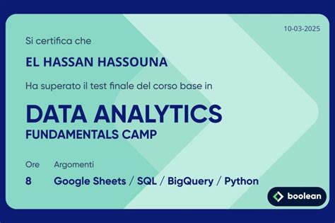 🚀 Ho Completato Il Corso Fundamentals Camp In Data Analytics Di Boolean El Hassan Hassouna
