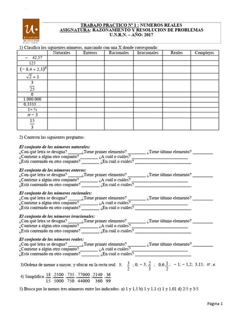 Trabajo Practico 1 Numeros Reales Asignatura Razonamiento Y Resolucion De Problemas U N R N