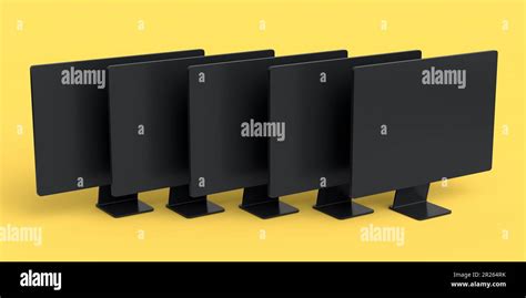 Set Of Desktop Computers With Blank Screen Display Isolated On Yellow Monochrome Background 3d