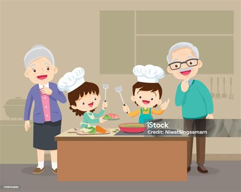 부엌에서 요리 하는 손자 소년과 소녀와 사랑스러운 조부모 가정 생활에 대한 스톡 벡터 아트 및 기타 이미지 가정 생활 가정 주방 가정의 방 Istock