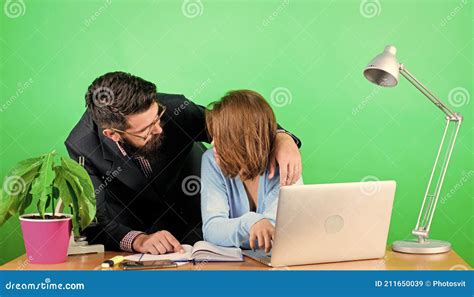 Successful Team Data And Information Sexual Harassment Business Couple At Computer Stock