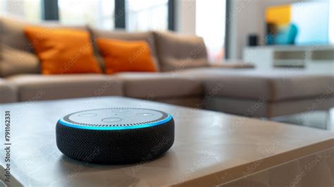 Closeup Of A Virtual Assistant Device On A Living Room Table Utilizing Ai To Respond To Voice