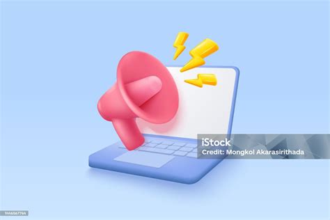 승진 발표를 위한 3d 메가폰 스피커 또는 확성기 불혼 소셜 미디어에 노트북이 있는 확성기 확성기 스피커폰 3d 노트북 벡터 아이콘 경고 발표를 위한 렌더링 일러스트레이터