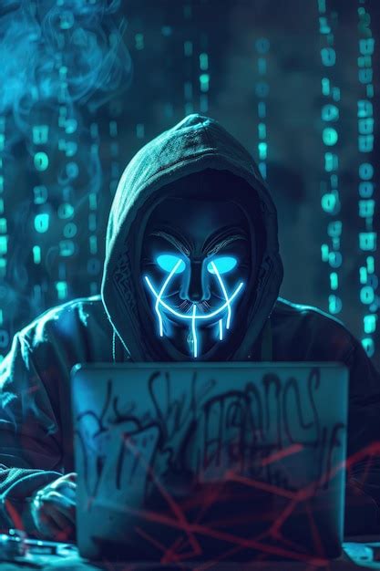 Anonymous Hacker In A Blue Neon Mask Premium AI Generated Image