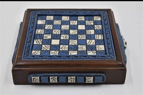 Vintage Mini Mayan Aztec Chess Set Complete Blue And White 8x8 Inches Ebay