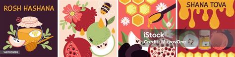 로쉬 하샤나 포스터 샤나 토바 꿀 카드 해피 홀리데이 축하 사과 석류 및 수확 요소가 있는 배너 괜찮은 벡터 템플릿 샤나 토바에 대한 스톡 벡터 아트 및 기타 이미지