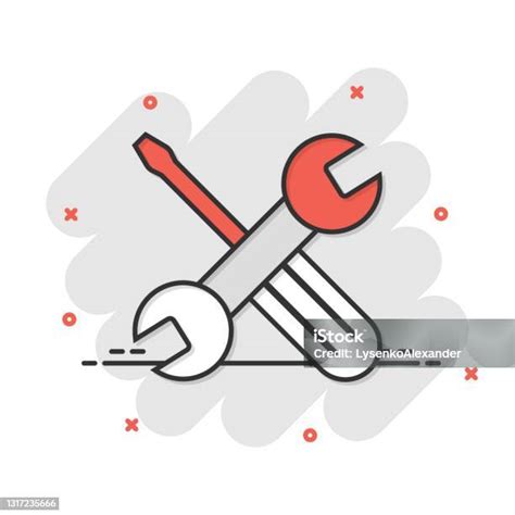 만화 스타일의 렌치와 드라이버 아이콘 흰색 고립 된 배경에 스패너 키 만화 벡터 그림 수리 장비 스플래시 효과 비즈니스 개념 강철에 대한 스톡 벡터 아트 및 기타 이미지