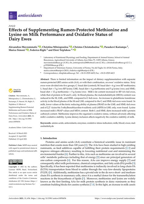 Pdf Effects Of Supplementing Rumen Protected Methionine And Lysine On