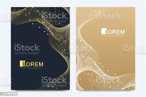 안내 책자 전단지 전단지 커버 카탈로그 잡지 배너 또는 연례 보고서에 대 한 최신 벡터 템플릿 A4 크기입니다 골든 동적 파도 선와 입자 사업 과학 및 기술 설계 0명에