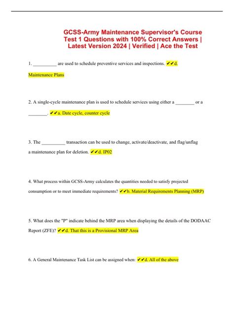 Gcss Army Maintenance Supervisors Course Test 1 Questions With 100 Correct Answers Latest