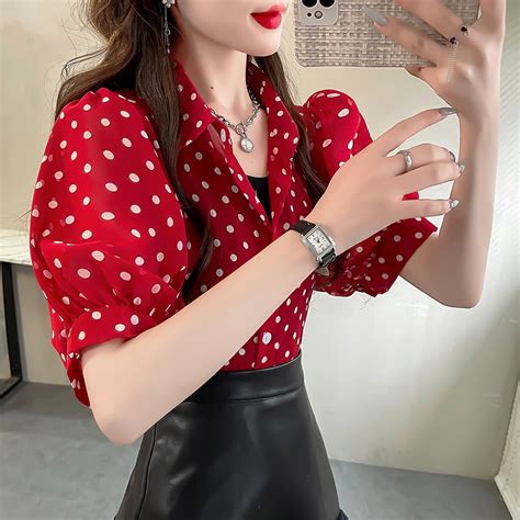 夏季韩版女士减龄衬衫显白波点印花翻领衬衣显瘦泡泡短袖雪纺上衣虎窝淘