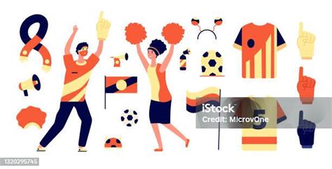 팬 액세서리 고립 된 깃발 축구 팬 도구 스포츠 모자 응원 소년 지원 경기 치어 리더 소녀 축구 팀 축하 완전한 벡터 세트