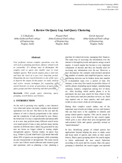 Pdf Ijert A Review On Query Log And Query Clustering Ijert Journal
