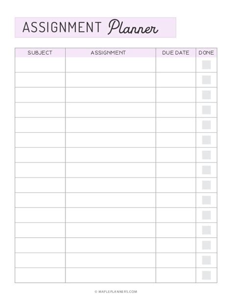 Assignment Schedule Planner Printables