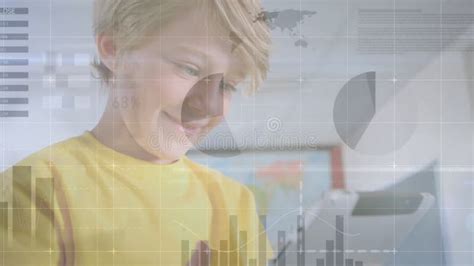 Animation Of Infographic Interface Over Smiling Caucasian Man Scrolling