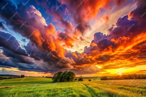 Premium Photo Grassy Field Sunset Beautiful Sunset With Dramatic