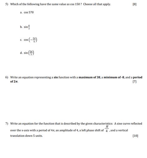 Solved Please Show All Work 1 Determine The Exact Value Of Cos