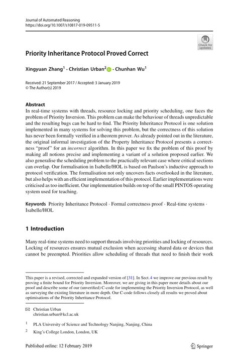 Pdf Priority Inheritance Protocol Proved Correct