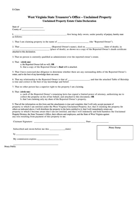Fillable Unclaimed Property Estate Claim Declaration Form Printable Pdf Download
