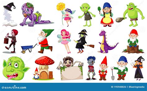 Conjunto De Personajes De Dibujos Animados De Fantasía Y Tema De Fantasía Aislados En Fondo