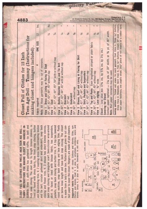 Simplicity 4883 Doll Clothes Size 12 Used Sewing Pattern