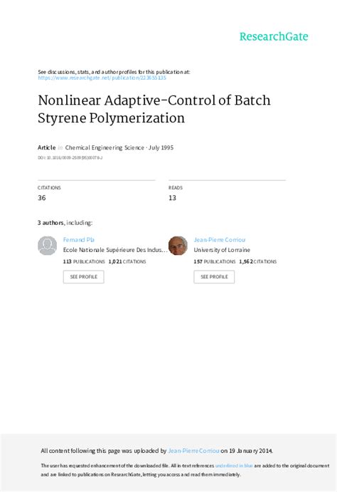 Pdf Nonlinear Adaptive Control Of Batch Styrene Polymerization