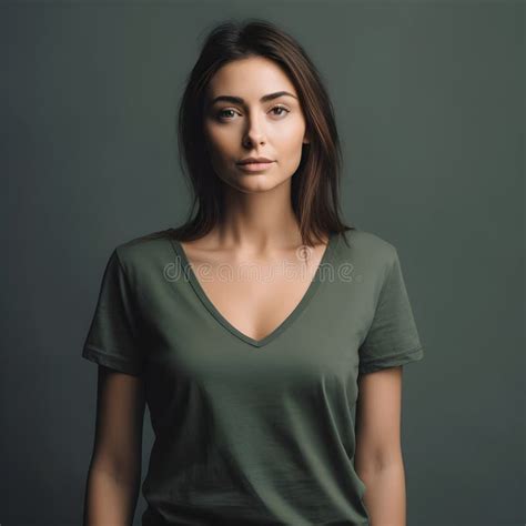 Fashionably Elegant Beautiful Model Wearing V Neck Tee In A Serene Background Stock