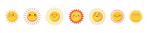 웃는 얼굴과 햇살이 있는 귀여운 태양 여름 스티커와 화창한 날씨 아이콘 낙서 그래픽이 있는 행복한 만화 캐릭터입니다 고립 된