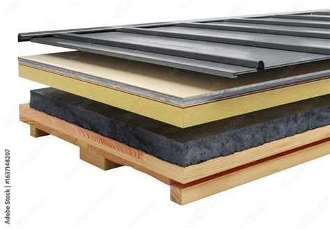 Cross Section Of A Layered Building Roof System Layers Of Insulation Metal Roofing And Wooden