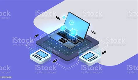 빅 데이터 개념 소프트웨어 개발 및 프로그래밍 랩톱 화면의 데이터 시각화 현대 아이소메트릭 그림 0명에 대한 스톡 벡터 아트 및
