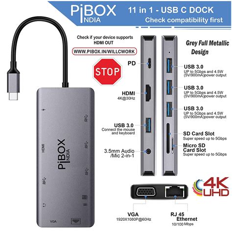 USB C Hub Dock In Dock PiBOX India Aluminum Type C Adapter With K HDMI VGA Ethernet