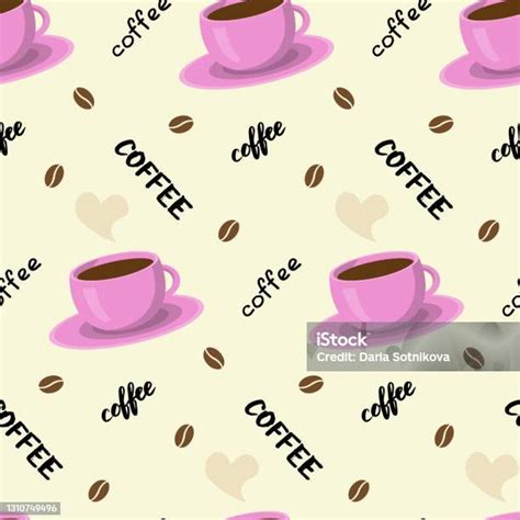 커피 컵 레터링 및 콩으로 매끄러운 패턴을 벡터 파스텔 톤의 아름다운 프린트 직물 옷 커피 숍 카페 및 장식에 대한 배경 귀여운 일러스트레이션 갈색에 대한 스톡 벡터 아트