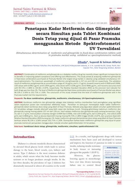 Pdf Simultaneous Determination Of Metformin And Glimepiride In Fixed Dose Combination Tablets