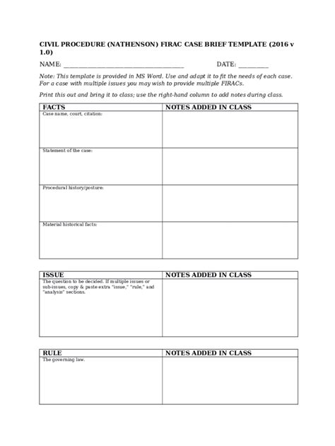 Civil Procedure Nathenson Firac Case Brief Template 2016 V 1 Doc