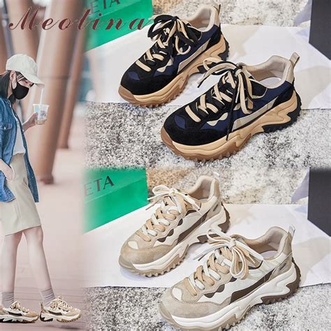 Meotina 여성용 진짜 가죽 플랫폼 스니커즈 두꺼운 하이힐 레이스업 신발 여성 신발 2022 봄 카키색 블랙 40 Aliexpress