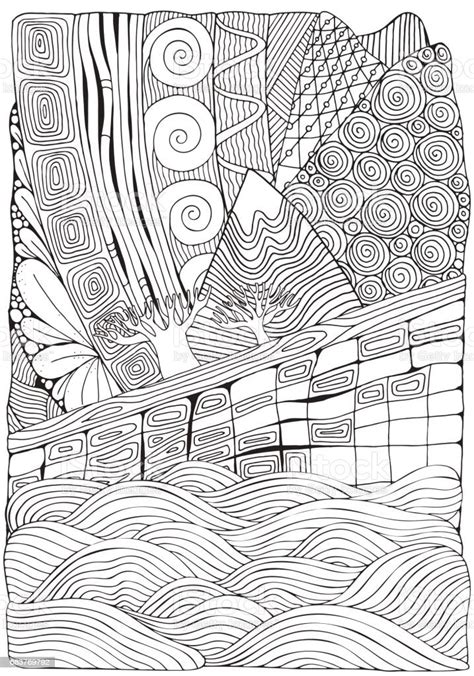 흑인과 백인 판타지 그림입니다 아름 다운 풍경 나무입니다 산 그리고 바다입니다 색칠에 대 한 패턴입니다 색칠하기에 대한 스톡