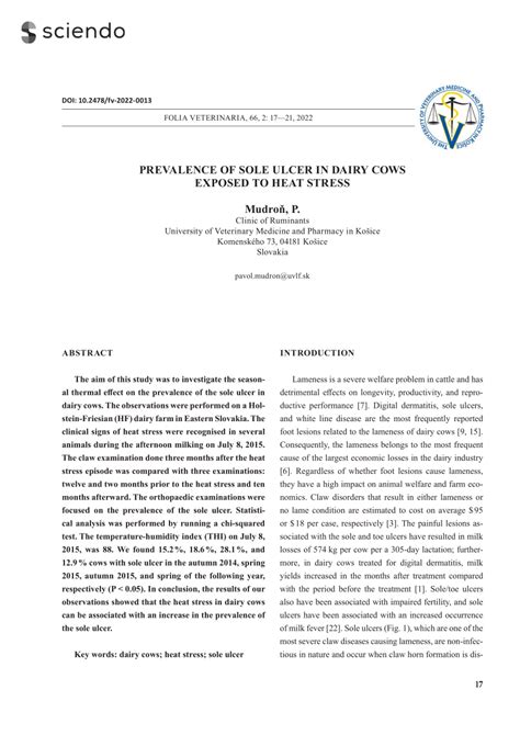 Pdf Prevalence Of Sole Ulcer In Dairy Cows Exposed To Heat Stress