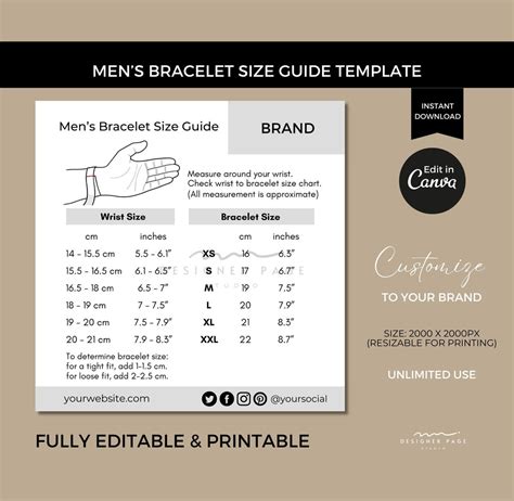 Mens Bracelet Size Chart Template Editable Printable Accessory Jewelry Length Guide Card