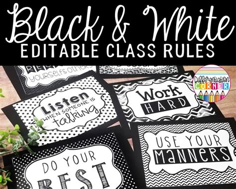 Editable Black And White Classroom Rules Posters Black And White Classroom Decor Modern