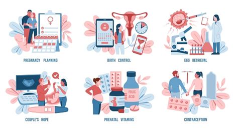 가족 계획 장면 임산부 산부인과 피임 임신 및 임신 생식 기능 행복한 남자와 여자 아기와 의사 깔끔한 벡터 만화 평면 개념 가족에 대한 스톡 벡터 아트 및 기타 이미지