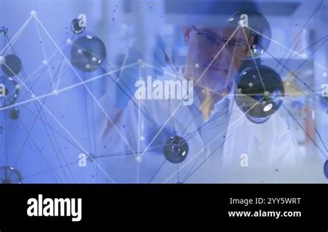 Working In Laboratory Scientist Analyzing Molecular Structure With Animation Overlay Science