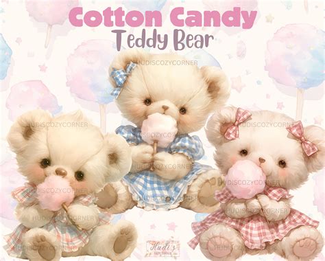 11 Teddy Bear Eating Cotton Candy Clipart Bundle Watercolor Pink And