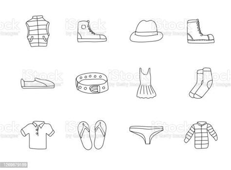 흰색 배경에 격리 된 옷 손 그린 선형 벡터 아이콘 웹 및 Ui 디자인 모바일 앱 및 인쇄 제품을 위한 옷 낙서 아이콘 세트 스포츠 신발에 대한 스톡 벡터 아트 및 기타