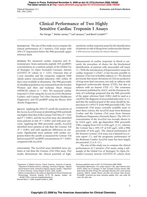 Pdf Clinical Performance Of Two Highly Sensitive Cardiac Troponin I Assays