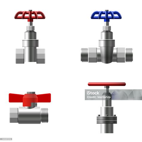 세트 밸브 공 피팅 금속 배관 시스템의 파이프 다른 유형은 물 오일 가스 파이프 라인 파이프 하수 밸브 건설 및 산업 압력 기술 배관 벡터 일러스트 현실적인 스타일 격리 0